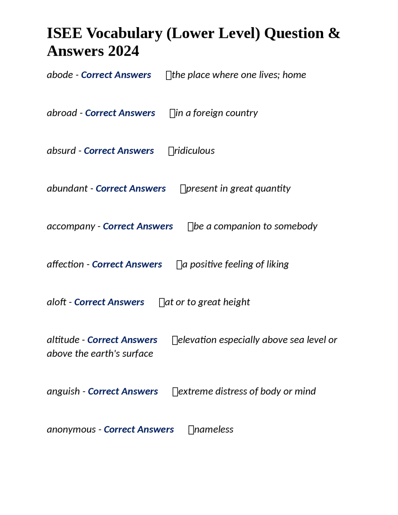 ISEE Vocabulary (Lower Level) 2024: List of Words and Correct Answers ...