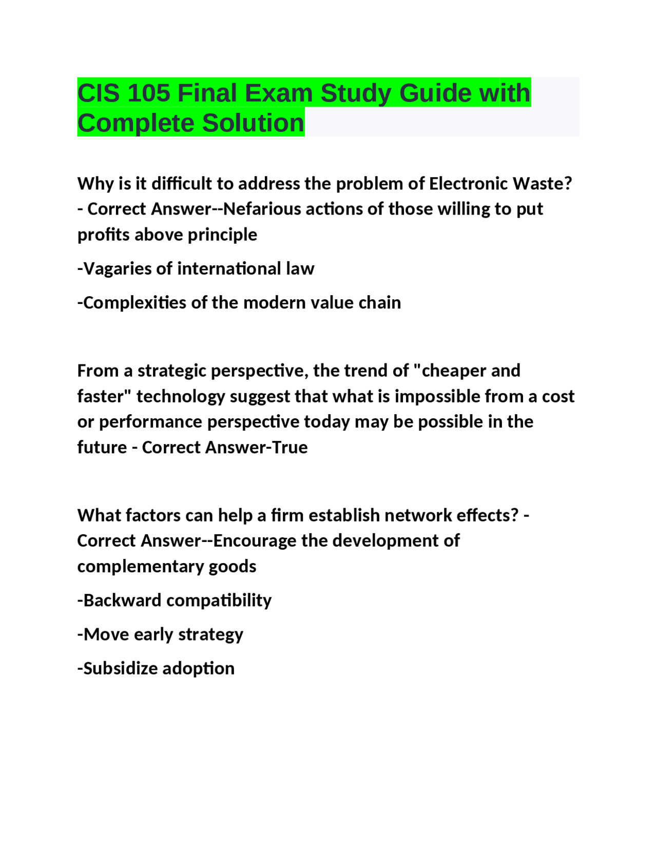 CIS 105 Final Exam Study Guide with Complete Solution | Exams Advanced ...