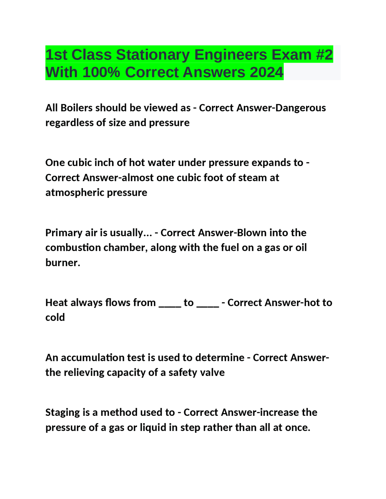 1st Class Stationary Engineers Exam #2 With 100% Correct Answers 2024 ...