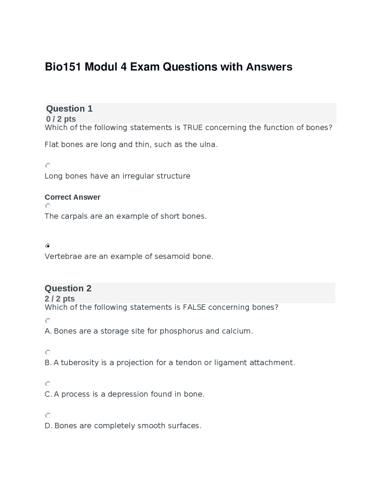 Bio151 Modul 4 Exam Questions with Answers | Quizzes Biology | Docsity