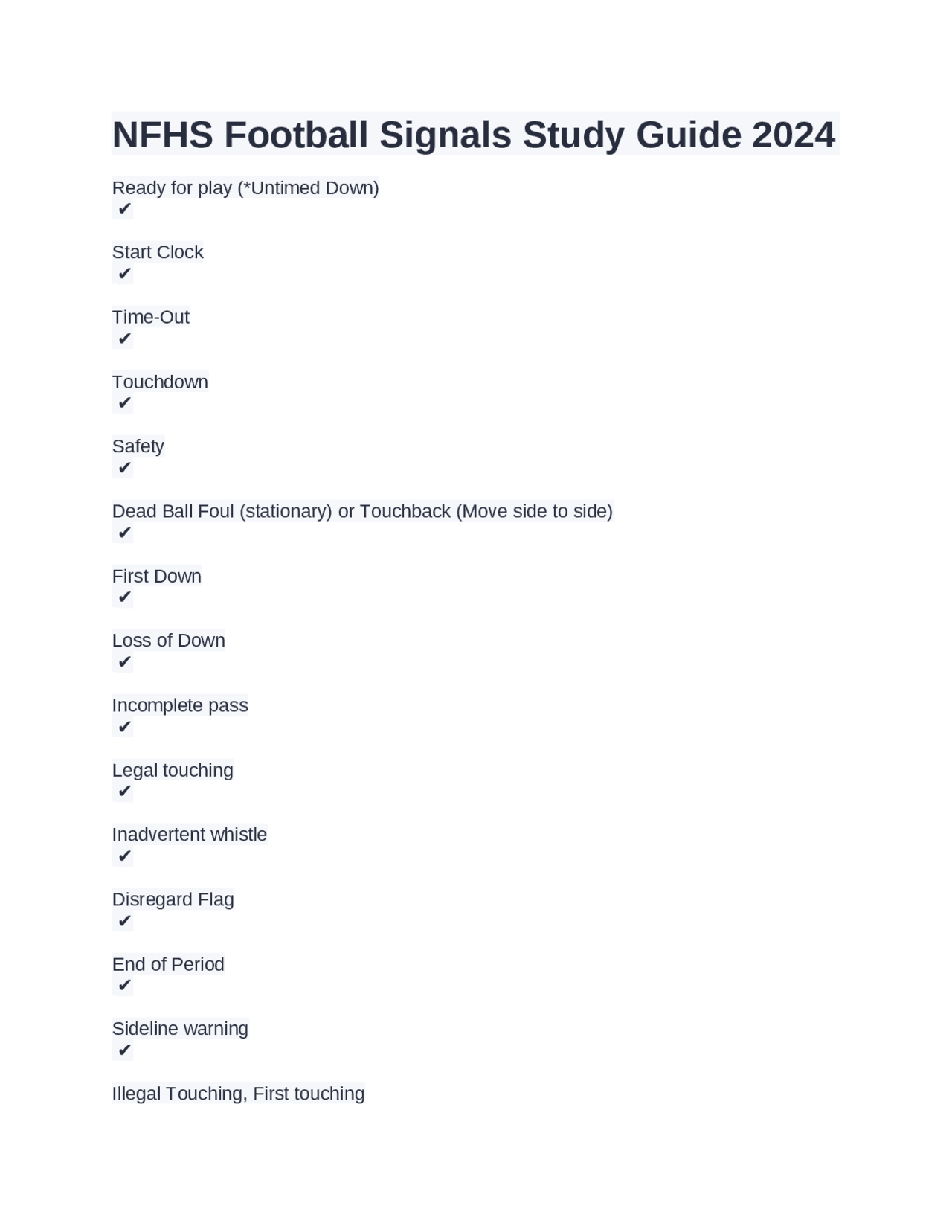 NFHS Football Signals Study Guide 2024 | Exams Physical Activity and ...