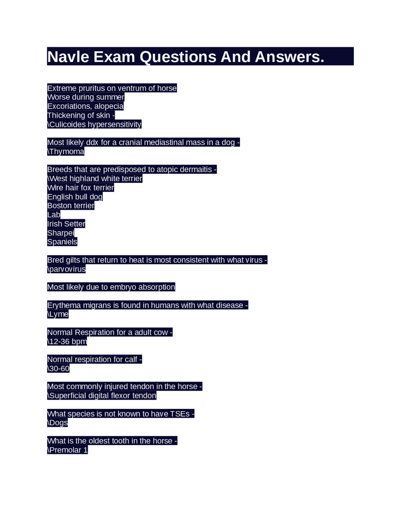 Navle Exam Questions And Answers. | Exams Veterinary | Docsity