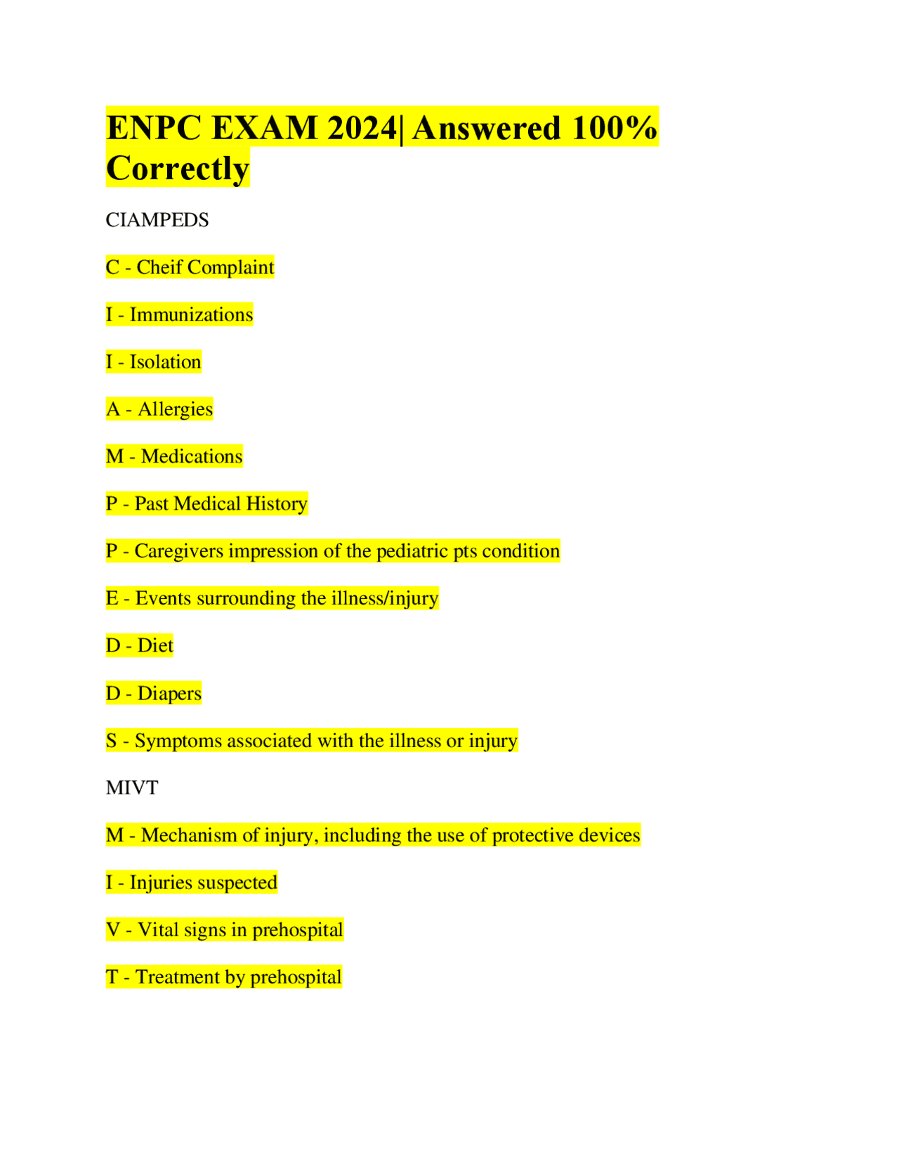 ENPC EXAM 2024| Answered 100% Correctly | Exams Nursing | Docsity