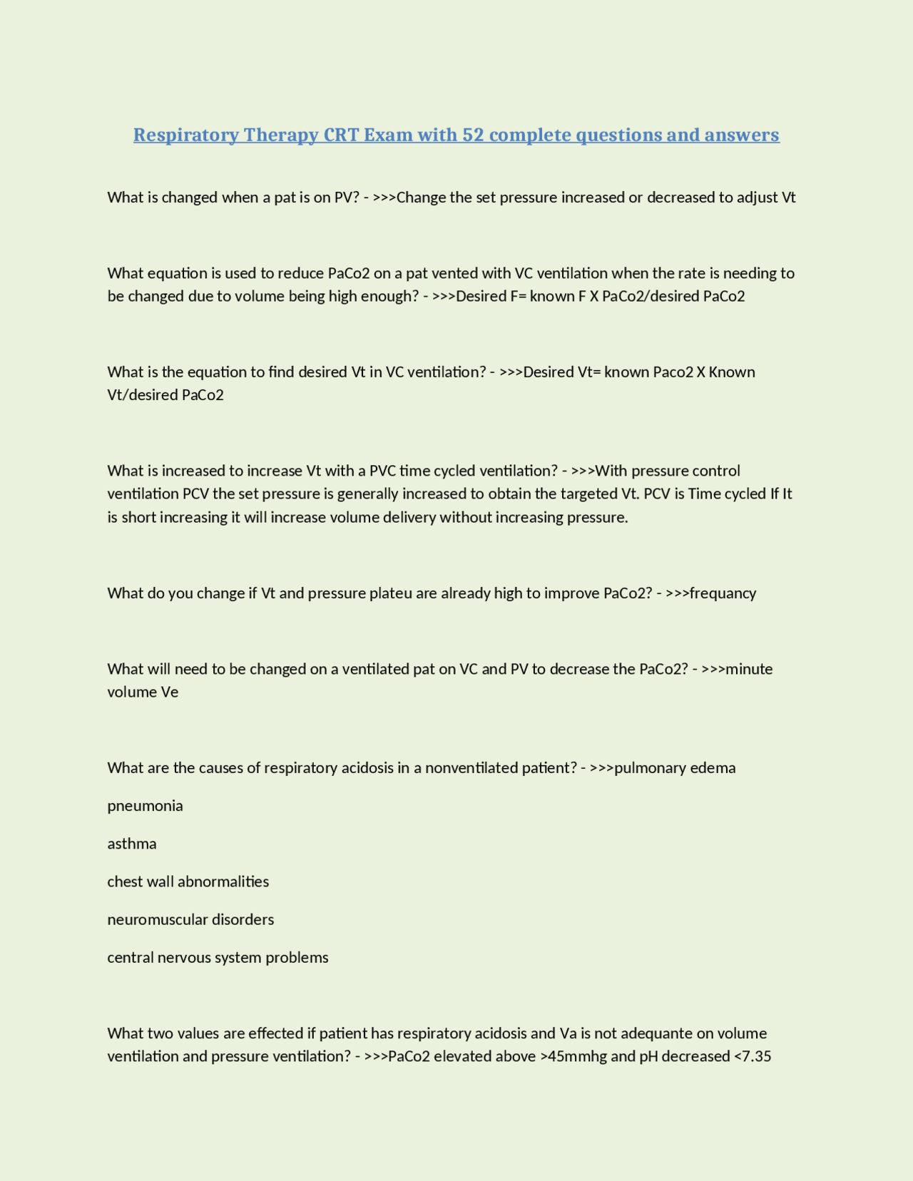 Respiratory Therapy CRT Exam: 52 Questions and Answers | Exams Nursing ...