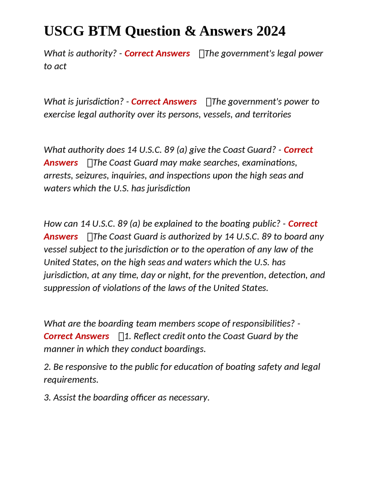 USCG BTM Question & Answers 2024: Coast Guard Boarding Operations and ...