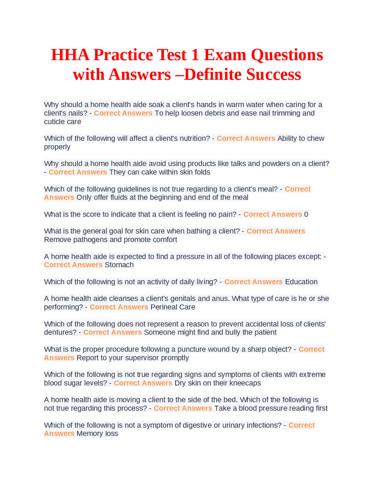 Home Health Aide Practice Exam Questions and Answers | Exams Nursing ...