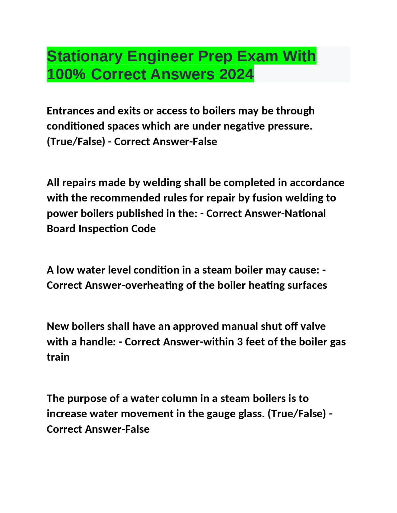 Stationary Engineer Prep Exam With 100% Correct Answers 2024 | Exams ...