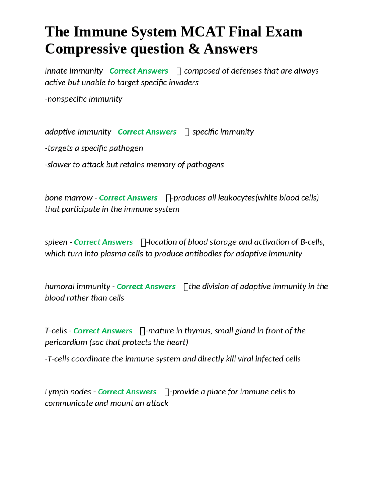 The Immune System MCAT Final Exam Compressive question & Answers ...