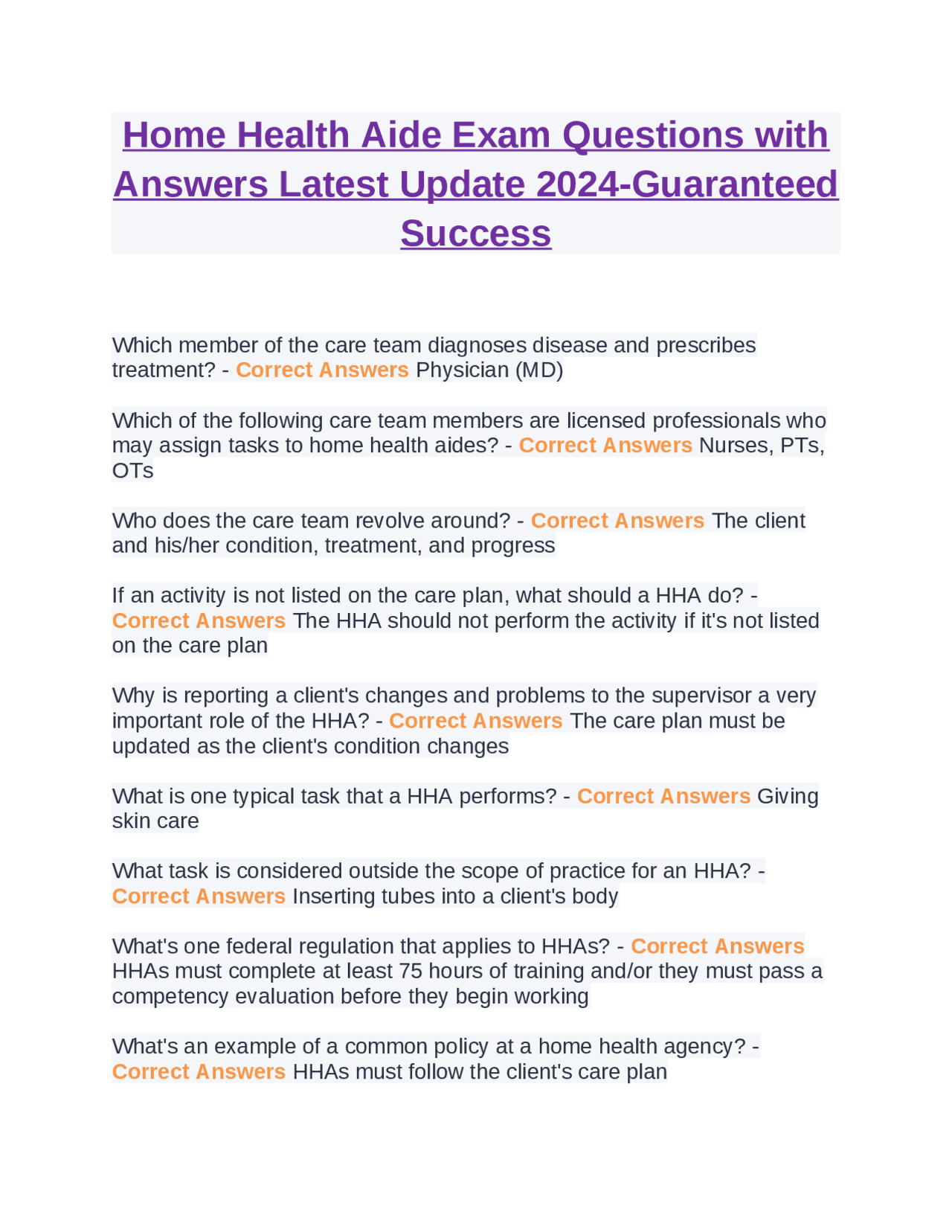 Home Health Aide Exam Questions with Answers Latest Update 2024 ...