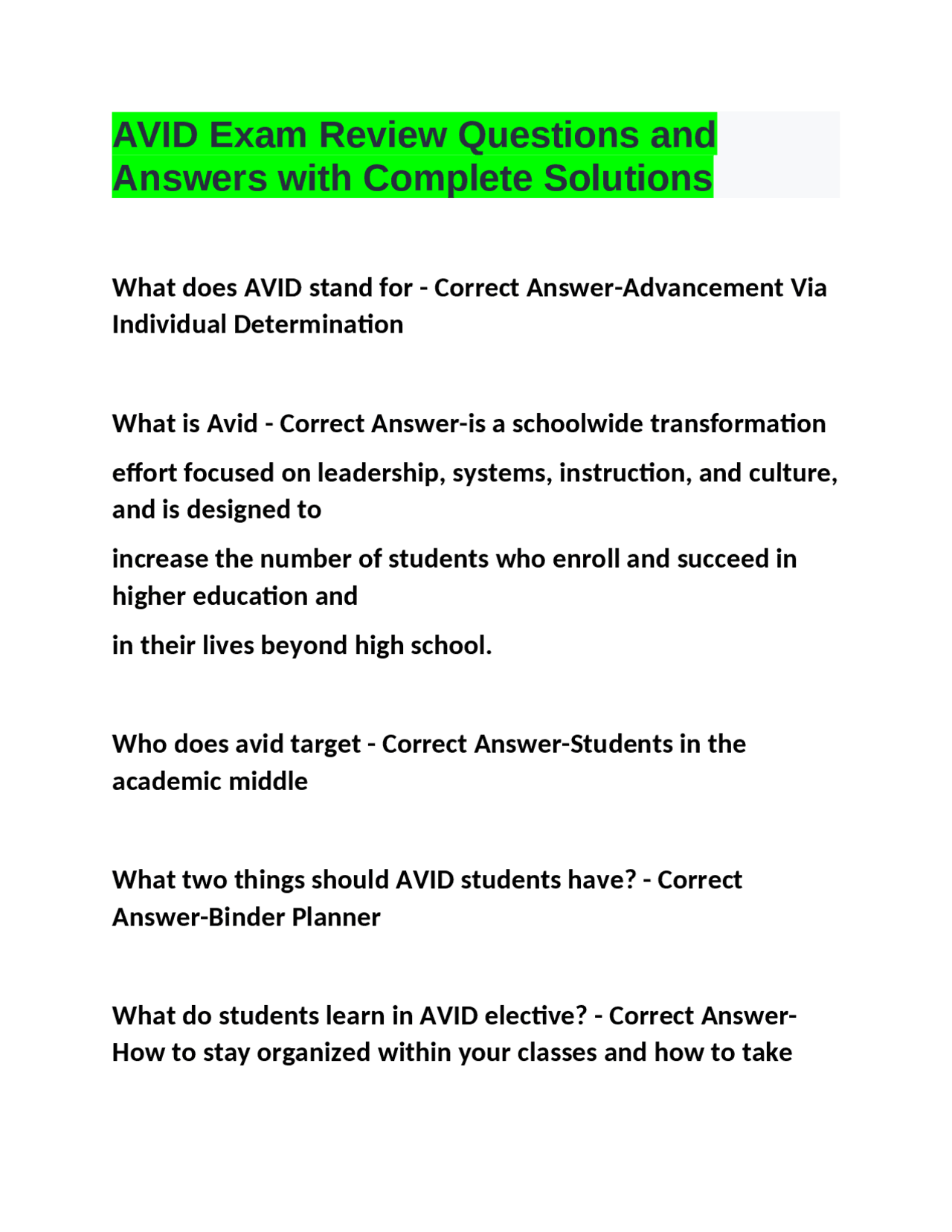 AVID Exam Review Questions and Answers with Complete Solutions | Exams ...