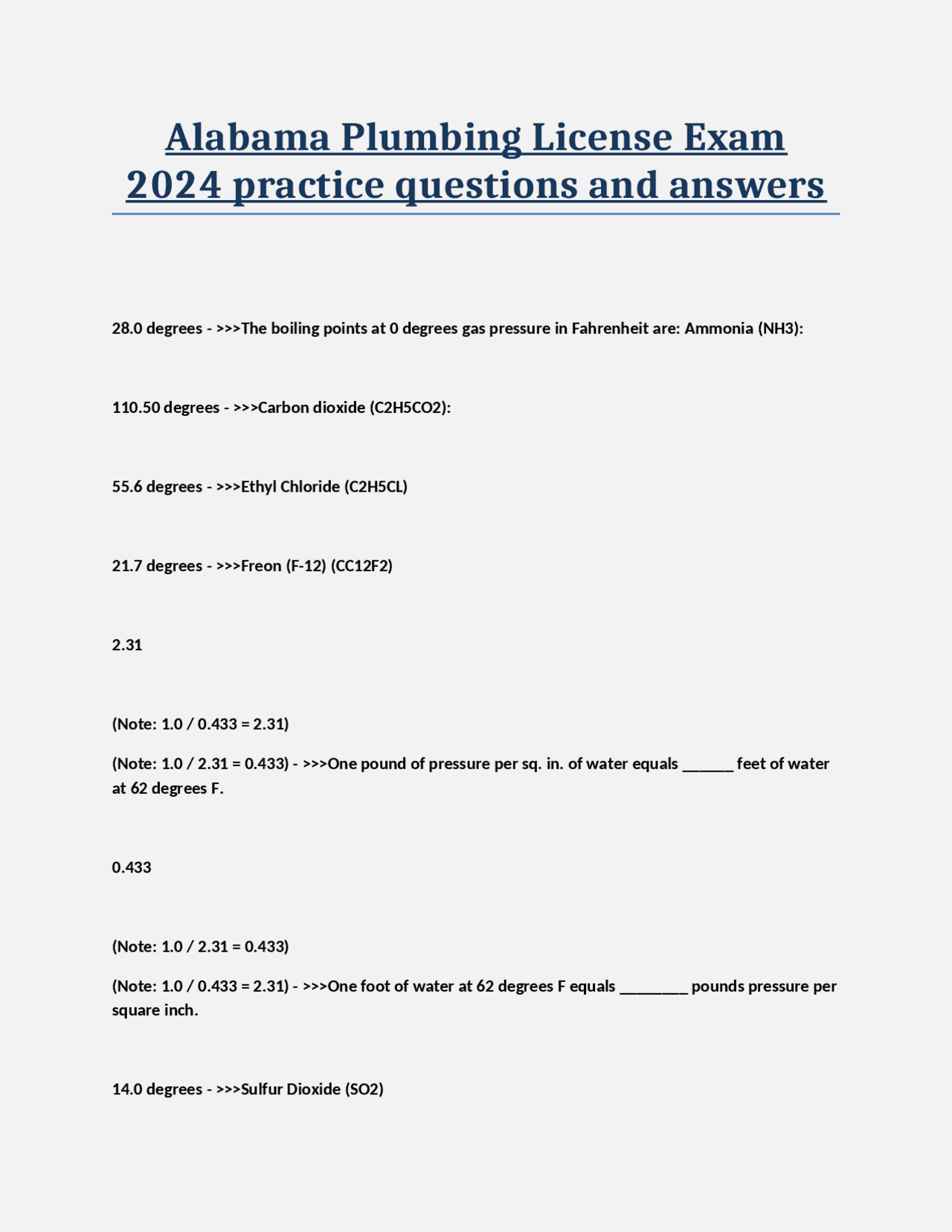 Alabama Plumbing License Exam 2024 practice questions and answers ...