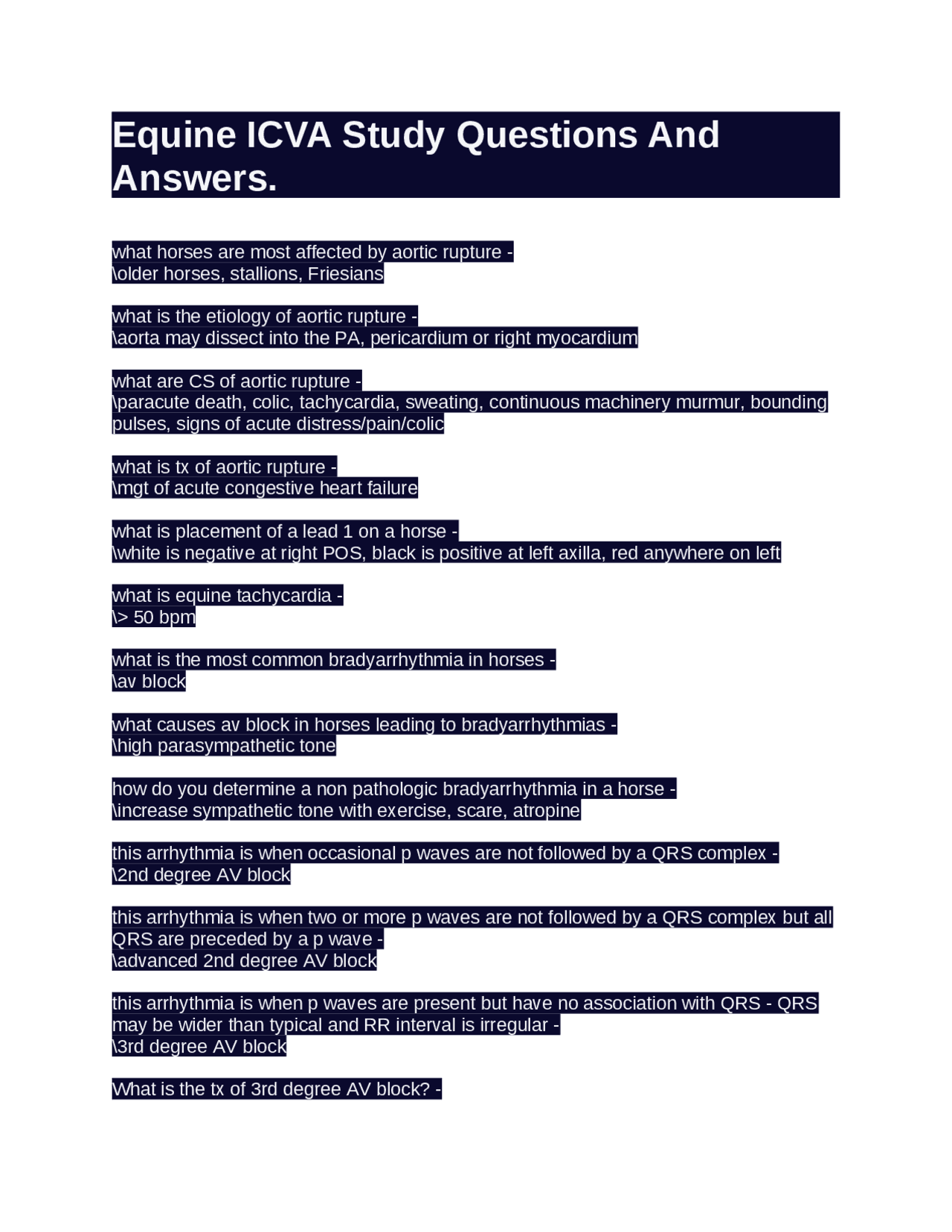 Equine ICVA Study Questions And Answers. | Exams Veterinary | Docsity