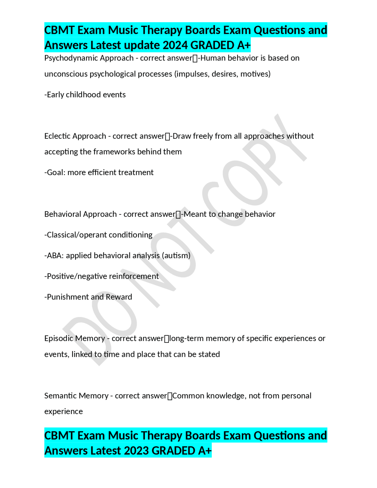 CBMT Exam Music Therapy Boards Exam Questions and Answers Latest update ...