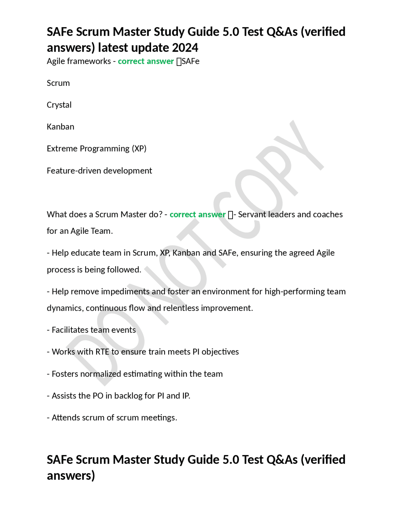 SAFe Scrum Master Study Guide 5.0 Test Q&As (verified answers) latest ...