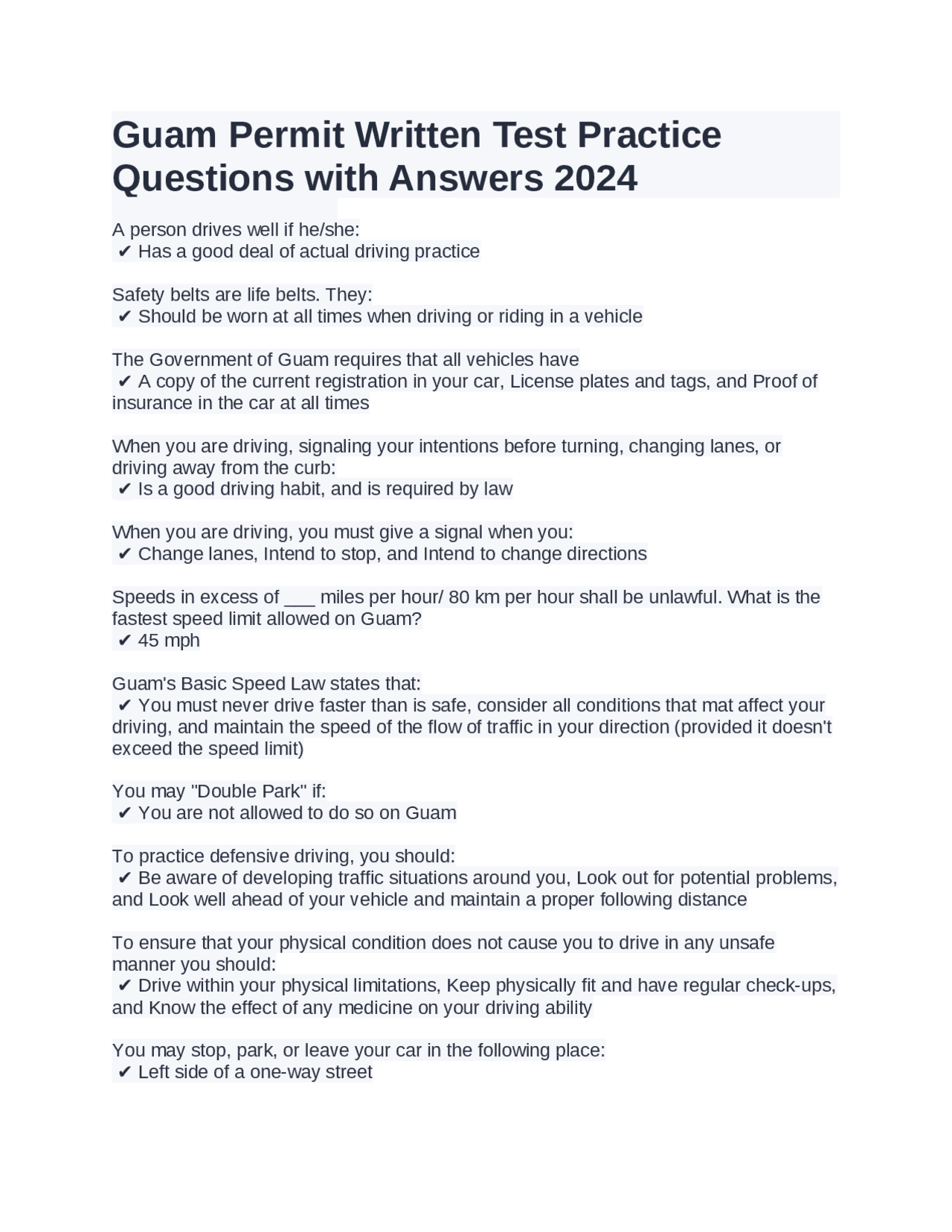 Guam Permit Written Test Practice Questions with Answers 2024 | Exams ...