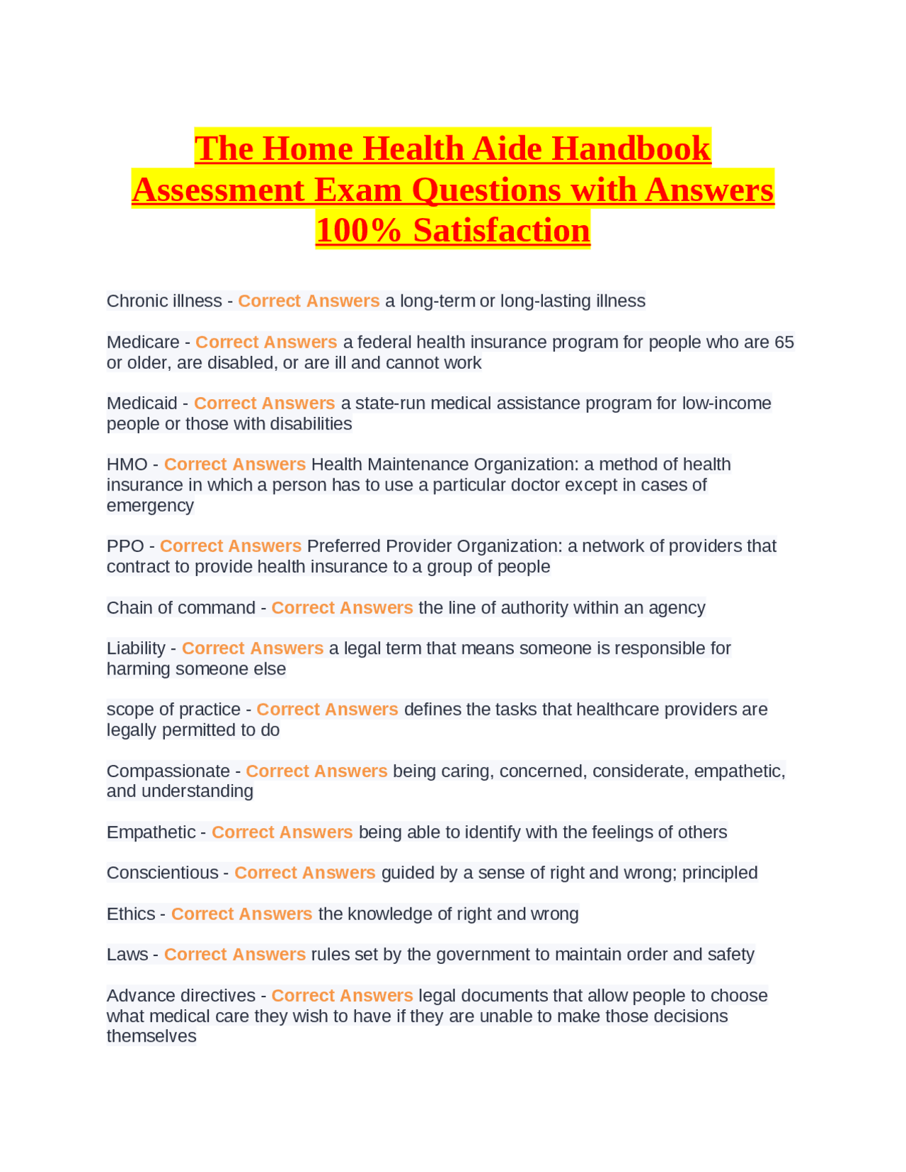 The Home Health Aide Handbook Assessment Exam Questions with Answers ...