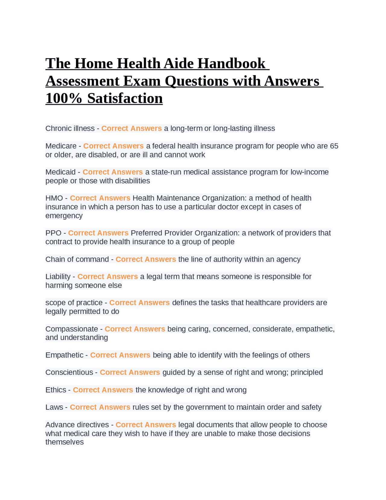 The Home Health Aide Handbook Assessment Exam Questions with Answers ...