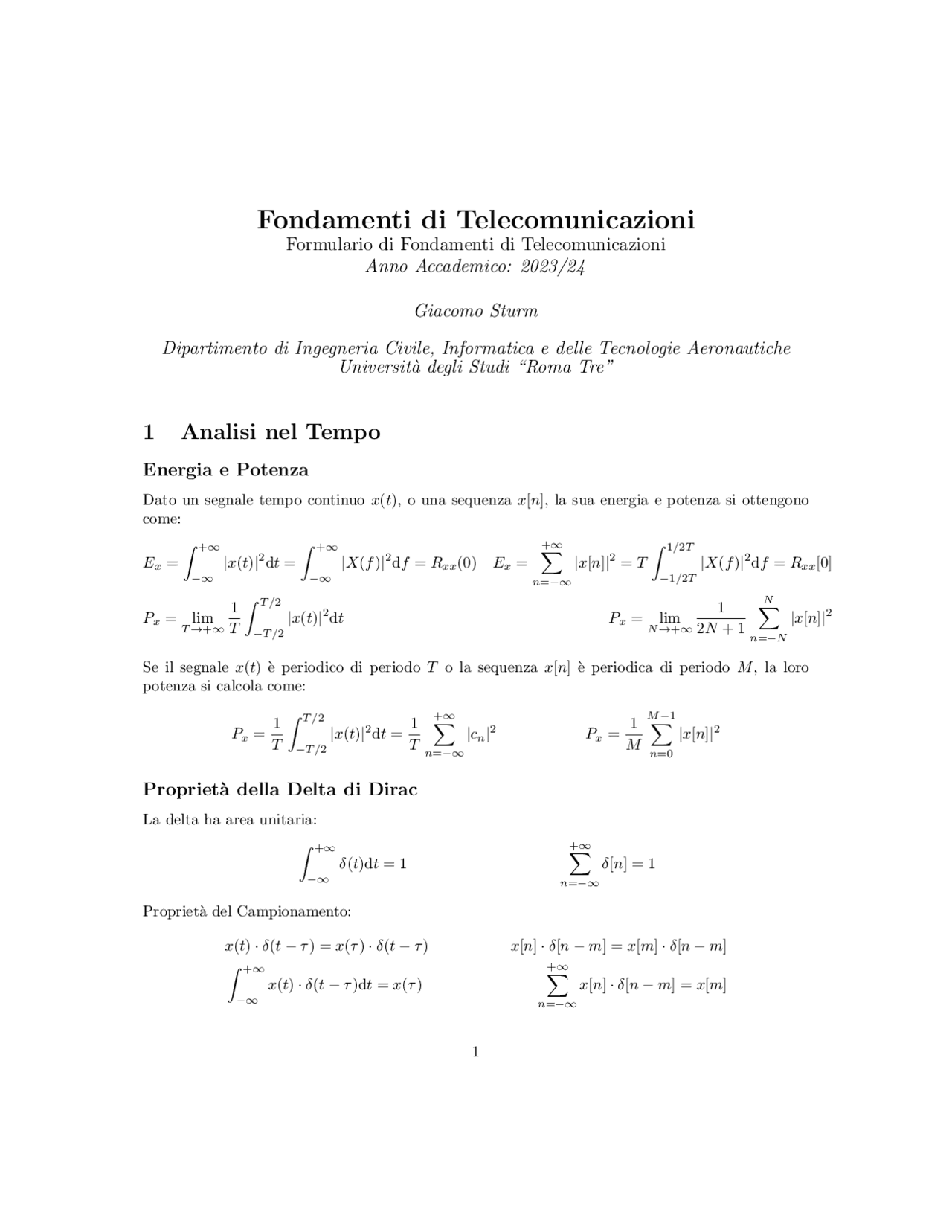 Fondamenti di Telecomunicazioni - Formulario - Prof. Cincotti | Formulari di Telecomunicazioni ...