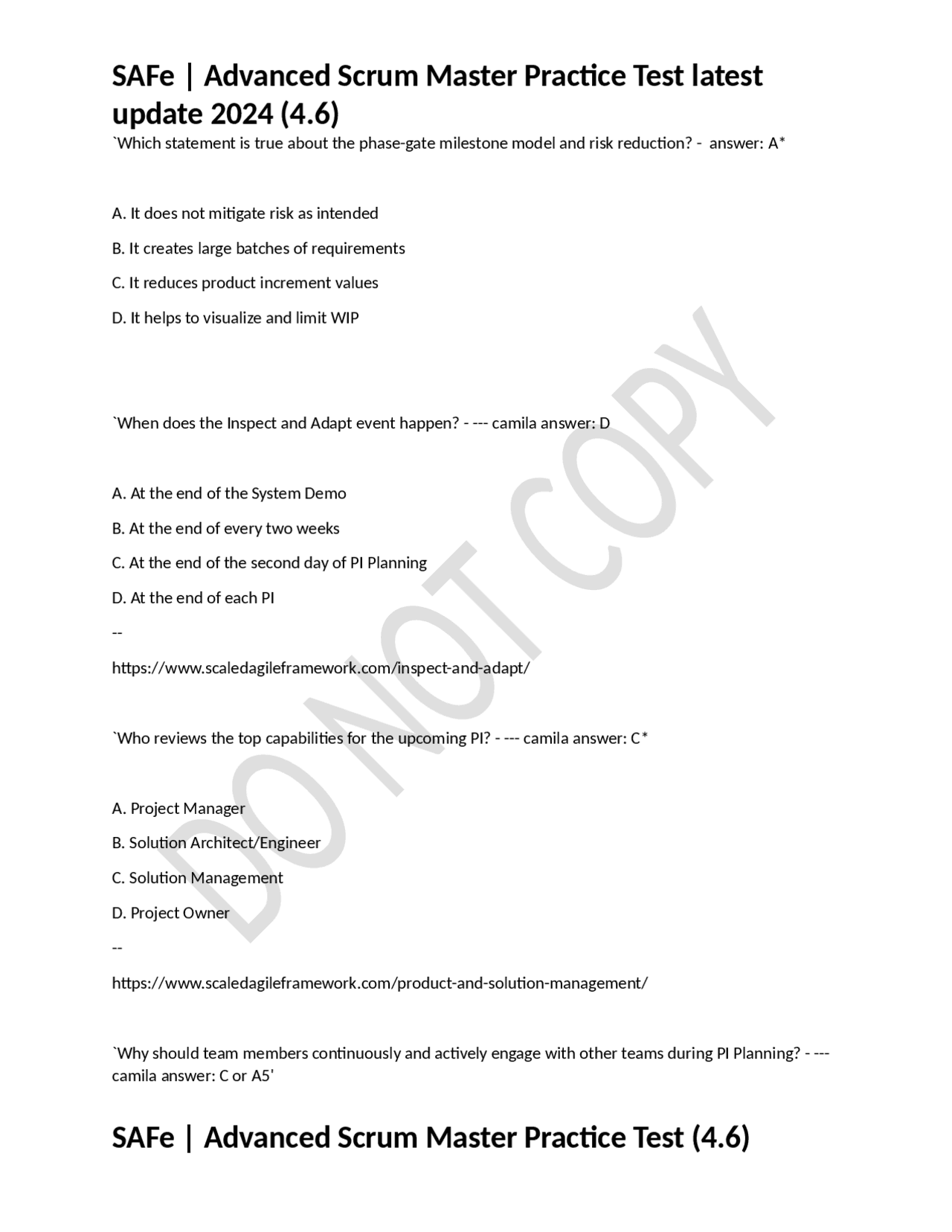 SAFe Advanced Scrum Master Practice Test (4.6) Study Notes | Exams ...