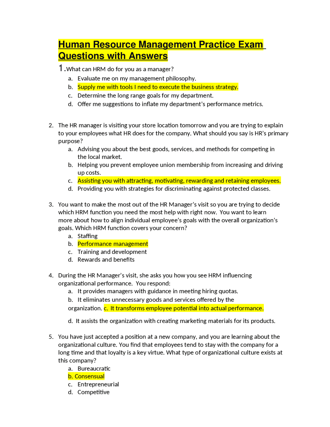 Human Resource Management Practice Exam Questions with Answers | Exams ...