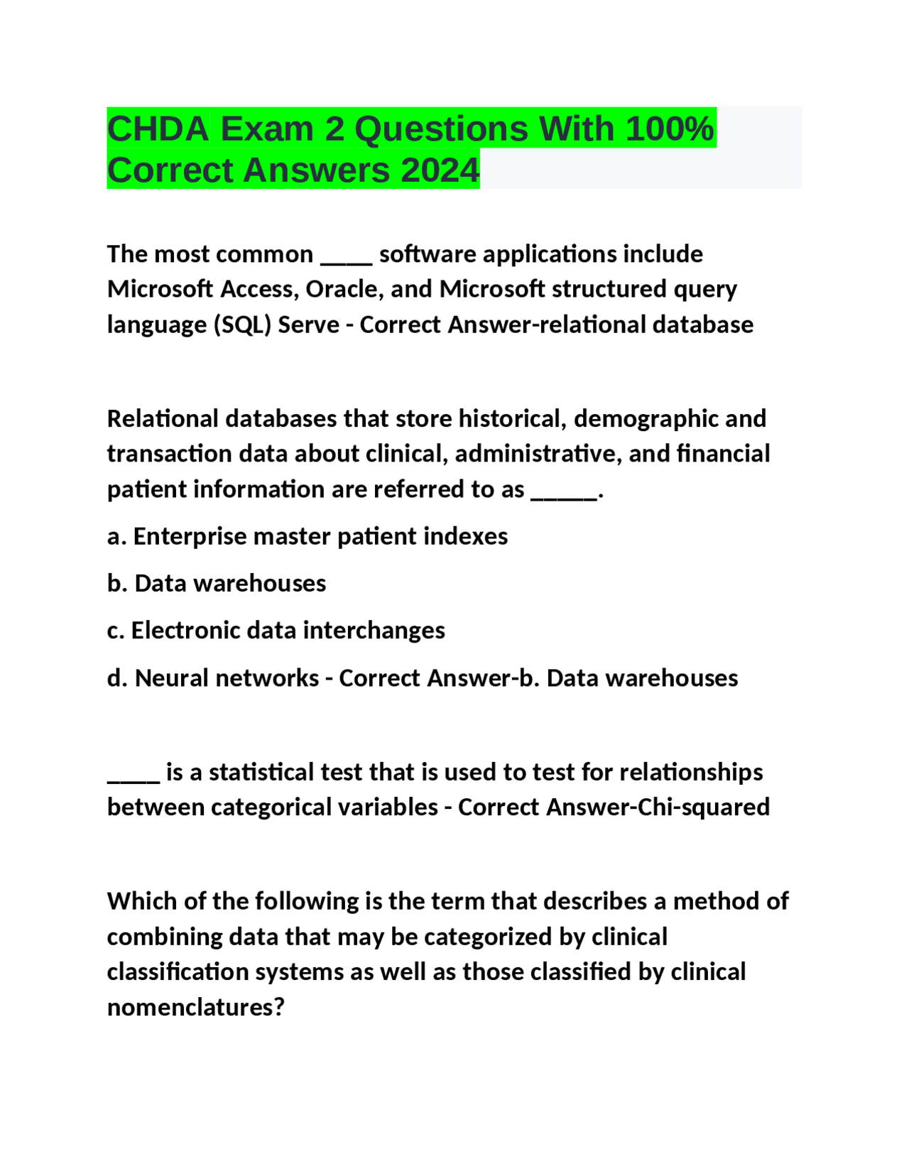 CHDA Exam 2 Questions With 100% Correct Answers 2024 | Exams Advanced ...