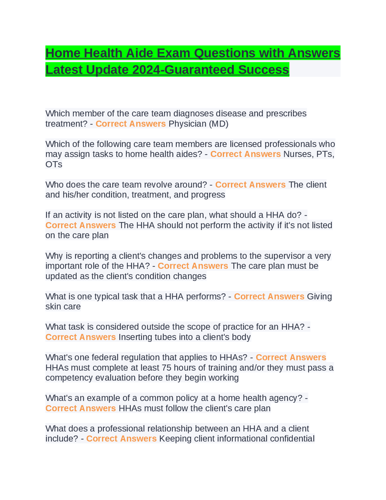 Home Health Aide Exam Questions with Answers Latest Update 2024 ...