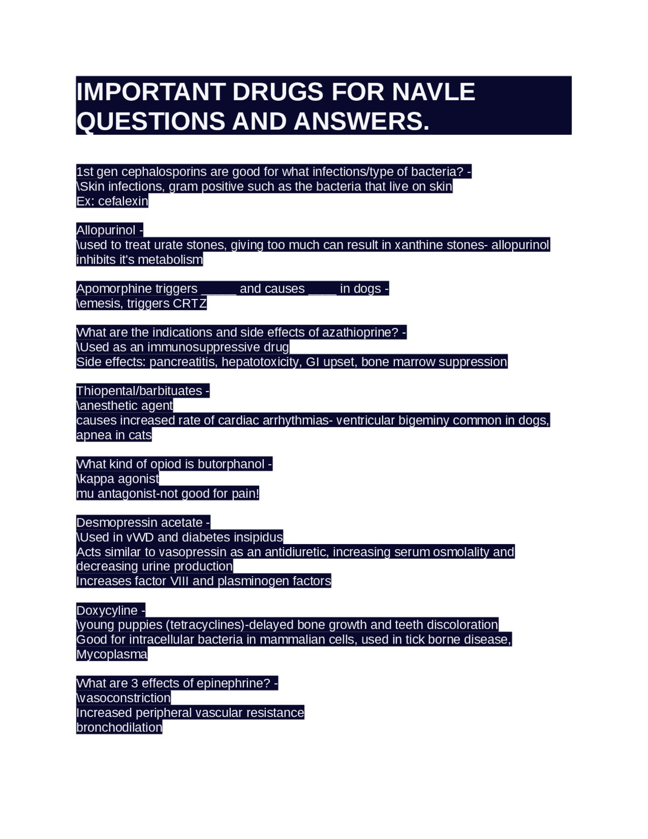 IMPORTANT DRUGS FOR NAVLE QUESTIONS AND ANSWERS. | Exams Veterinary ...