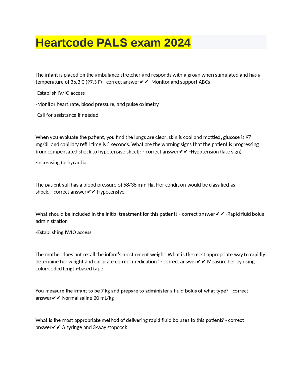 Heartcode PALS exam 2024 | Exams Nursing | Docsity