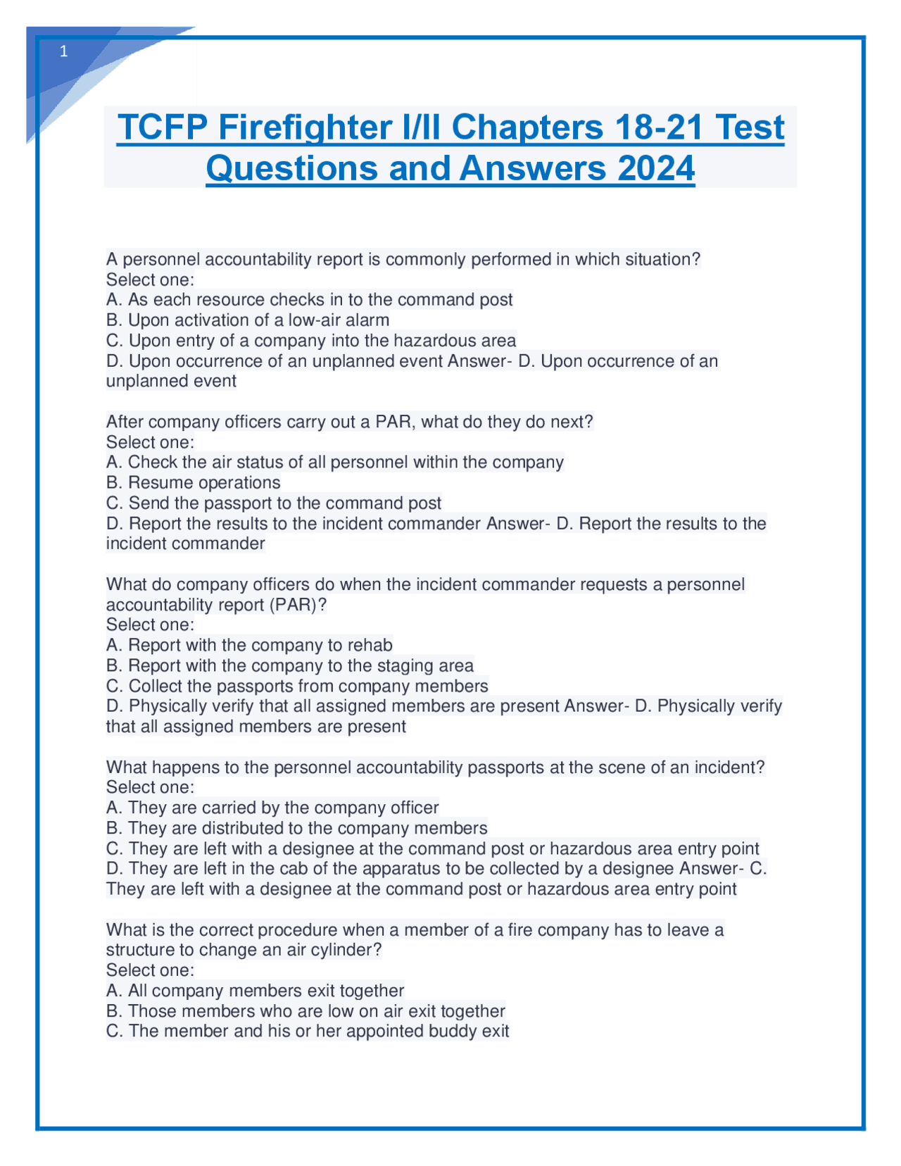 TCFP Firefighter I/II Chapters 18-21 Test Questions and Answers 2024 ...