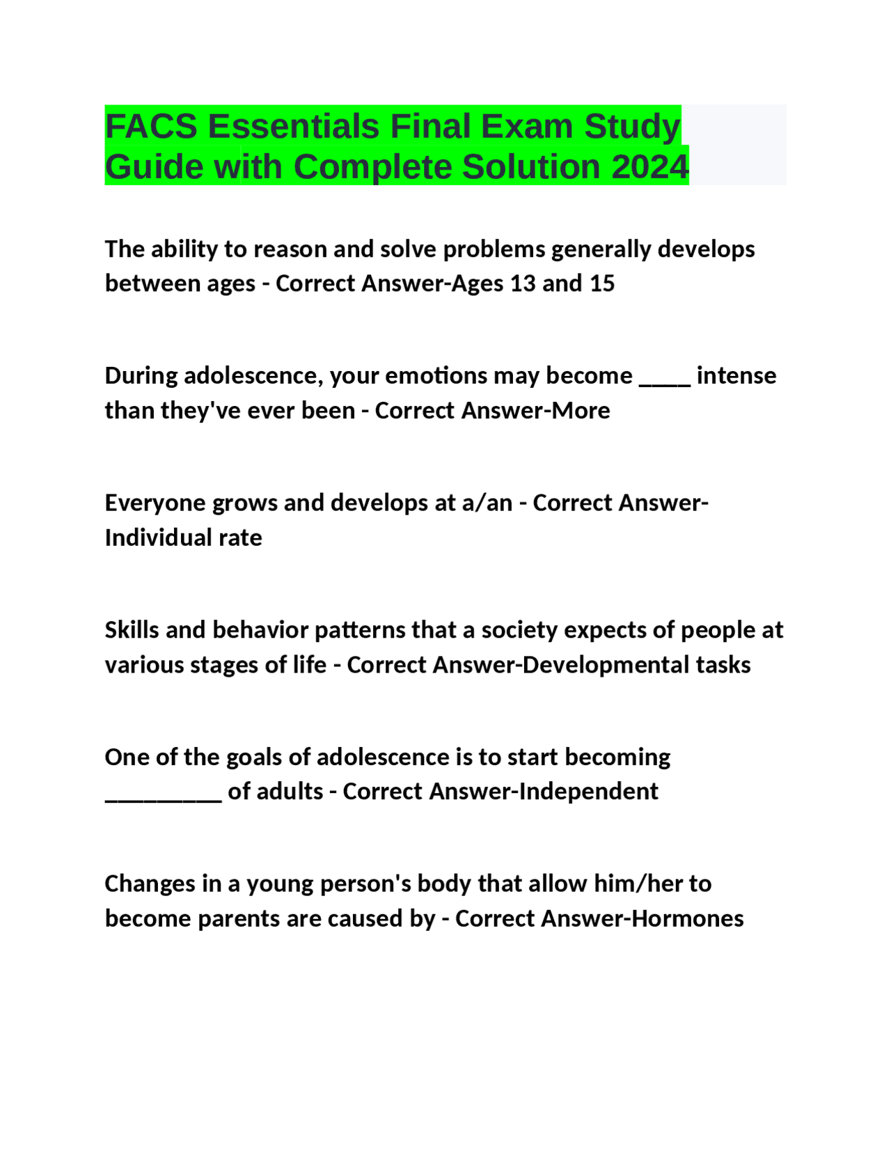 FACS Essentials Final Exam Study Guide with Complete Solution 2024 ...