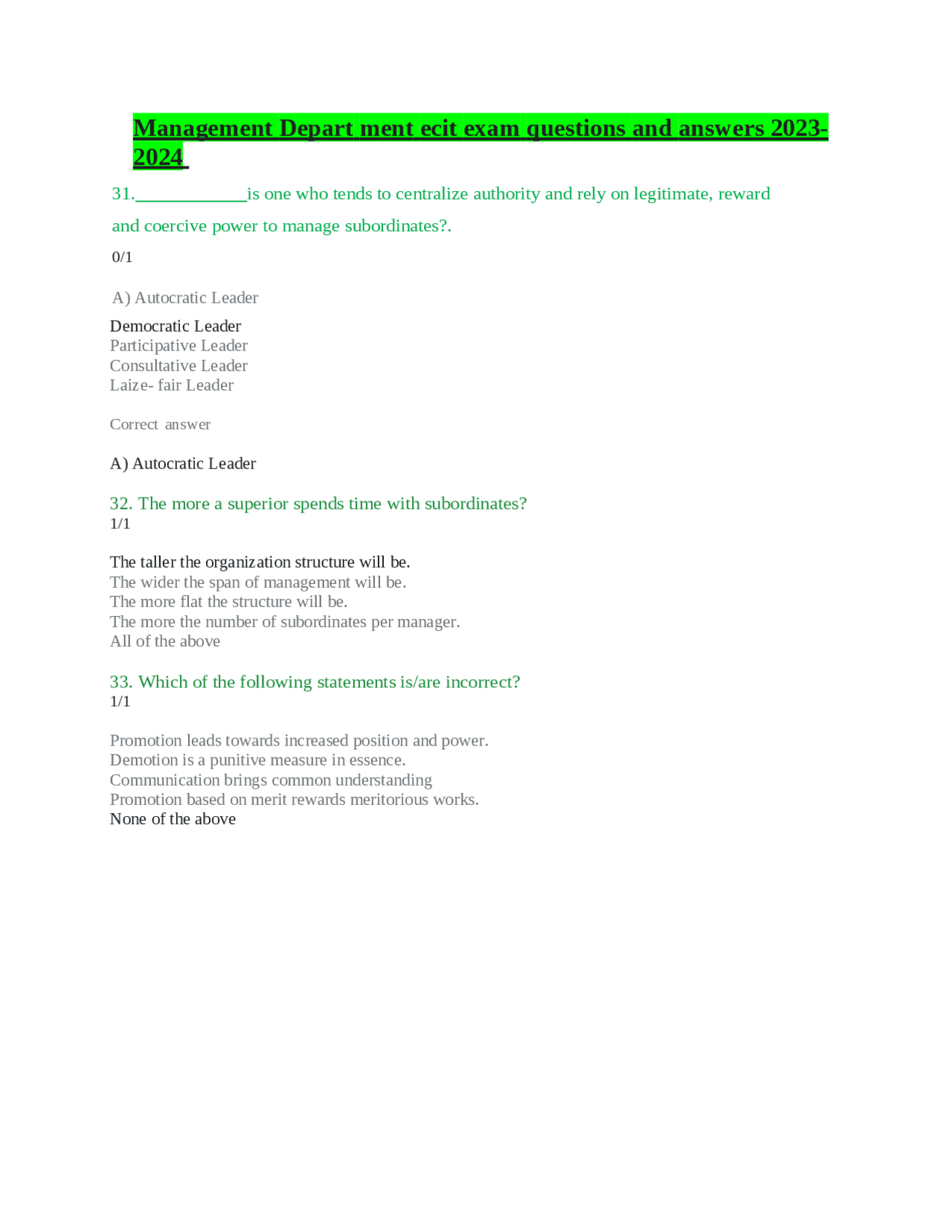 Management and Organizational Structure | Exams Nursing | Docsity