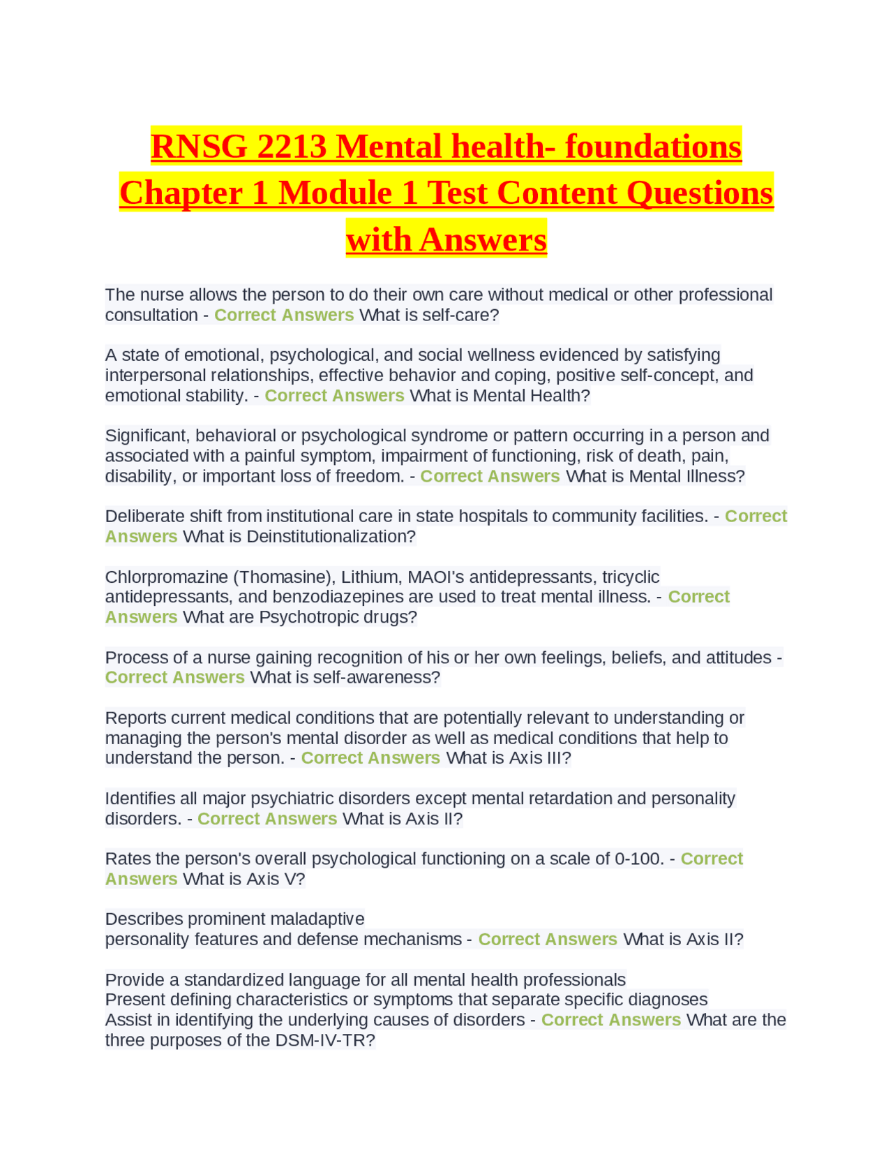 RNSG 2213 Mental health- foundations Chapter 1 Module 1 Test Content ...
