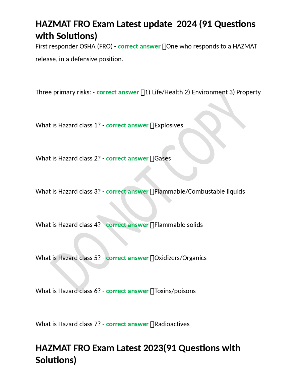 HAZMAT First Responder Operational Safety Exam Questions and Answers ...