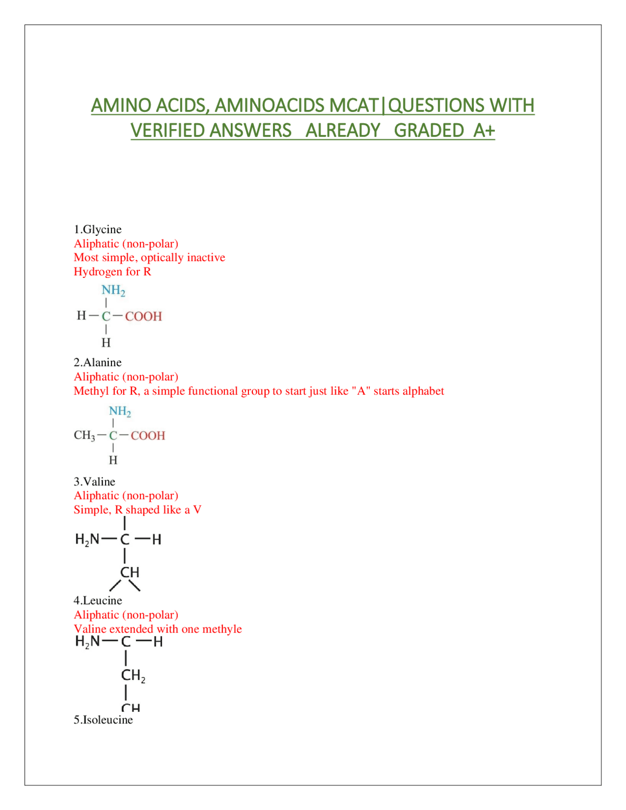 AMINO ACIDS, AMINOACIDS MCAT | Exams Nursing | Docsity