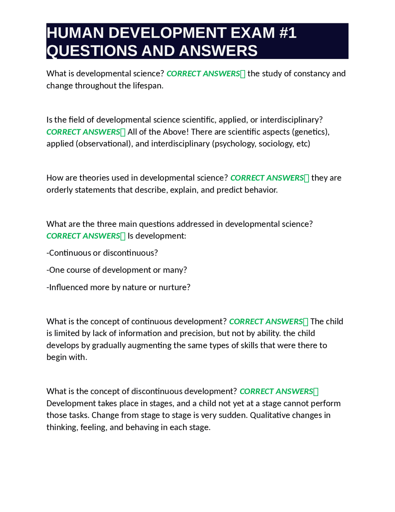 Human Development Exam 1 Questions And Answers Exams Human Development Docsity 