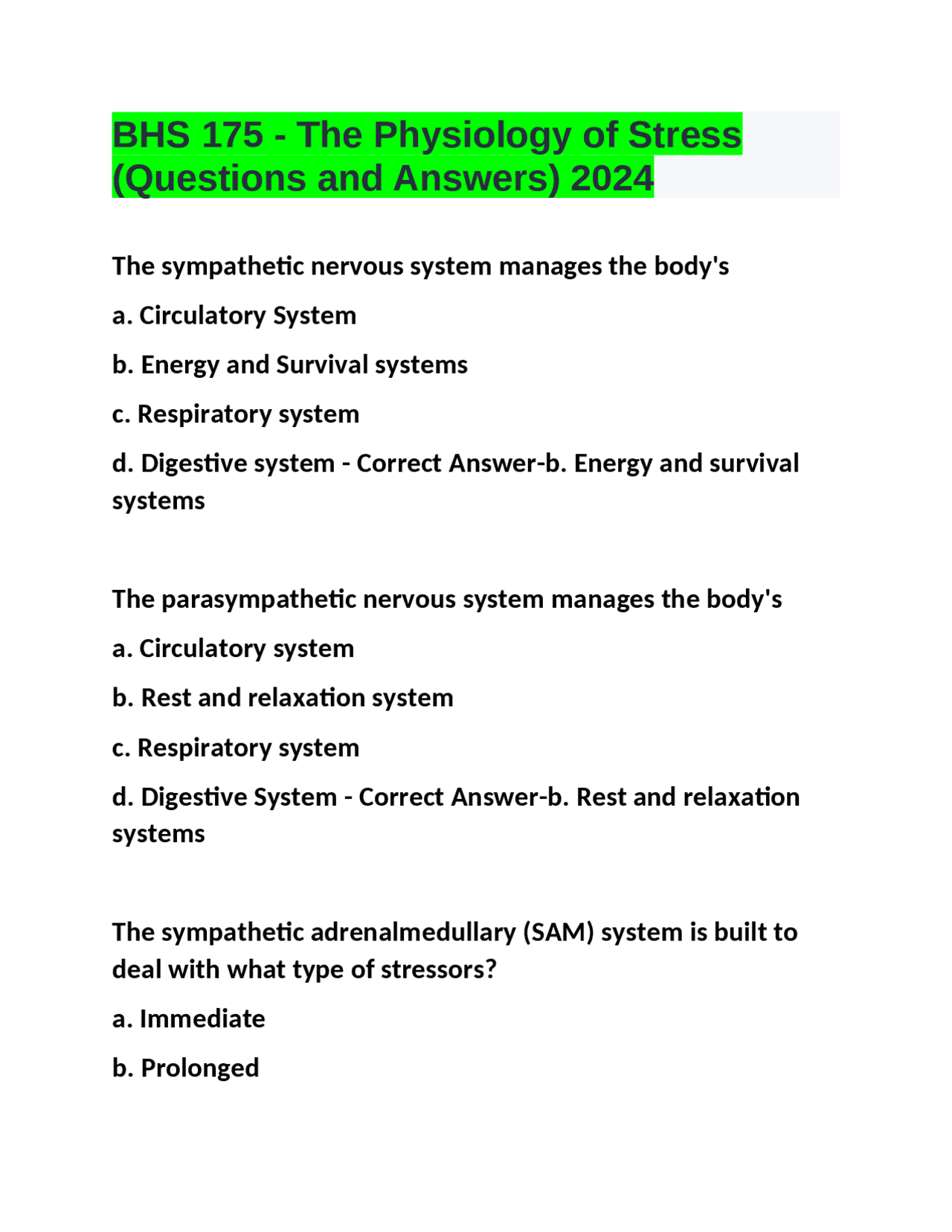 BHS 175 - The Physiology of Stress (Questions and Answers) 2024 | Exams ...