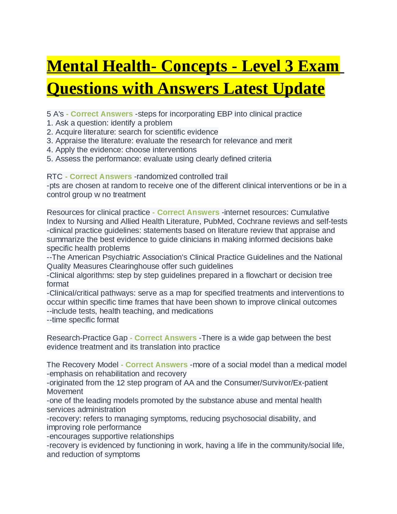 Mental Health- Concepts - Level 3 Exam Questions with Answers Latest ...