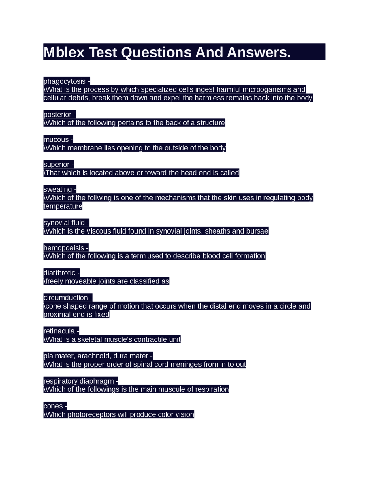 Mblex Test Questions And Answers. | Exams Medicine | Docsity