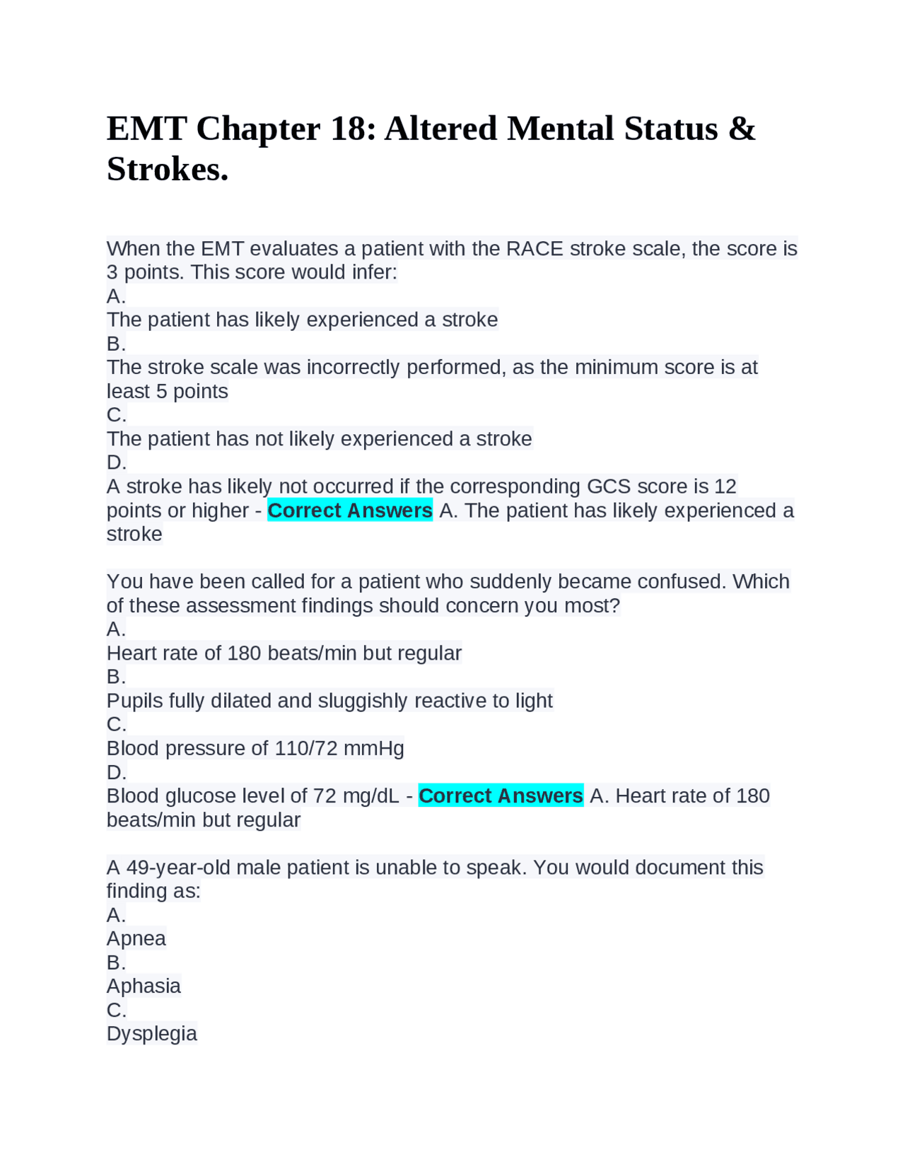 EMT Procedures for Stroke Patients | Exams Nursing | Docsity