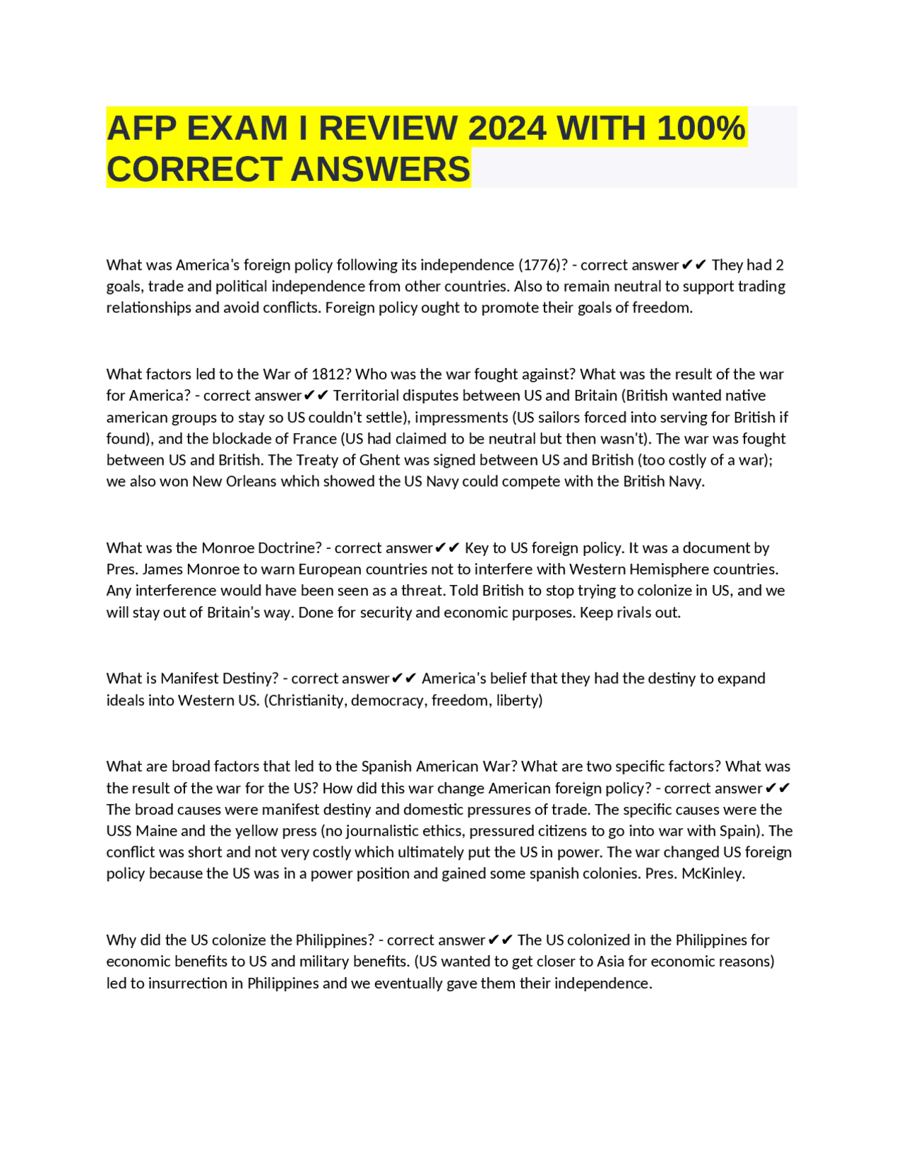 AFP EXAM I REVIEW 2024 WITH 100% CORRECT ANSWERS | Exams Nursing | Docsity