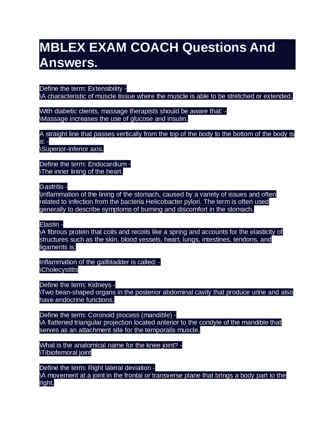 MBLEX EXAM COACH Questions And Answers. | Exams Health sciences | Docsity