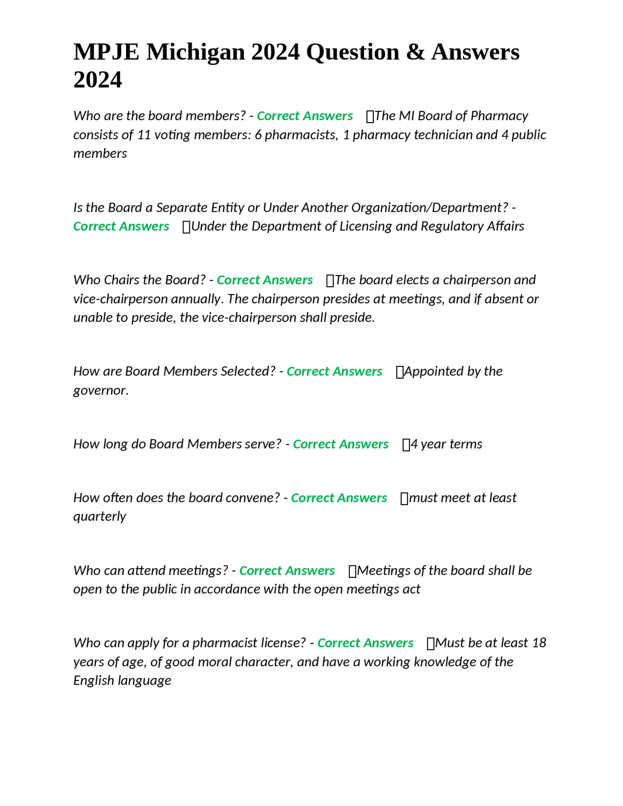 MPJE Michigan 2024 Question & Answers 2024 | Exams Nursing | Docsity
