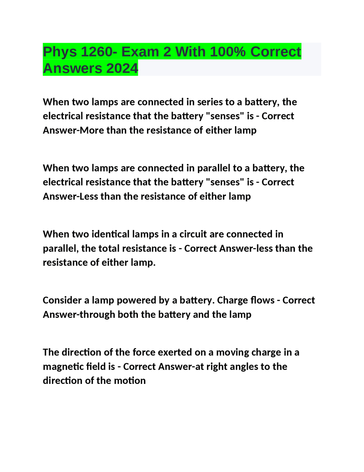 Phys 1260- Exam 2 With 100% Correct Answers 2024 | Exams Physics | Docsity