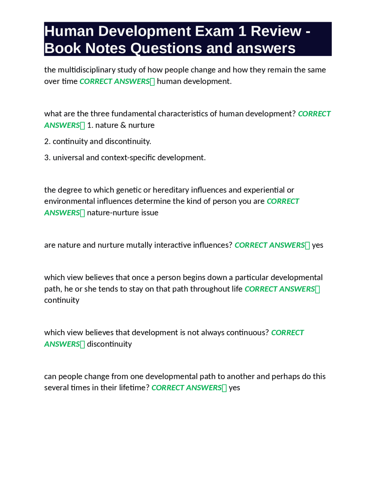 Human Development Exam 1 Review - Book Notes Questions and answers ...