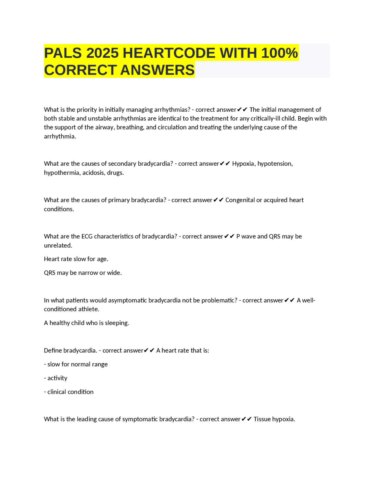 PALS 2025 HEARTCODE WITH 100% CORRECT ANSWERS | Exams Nursing | Docsity