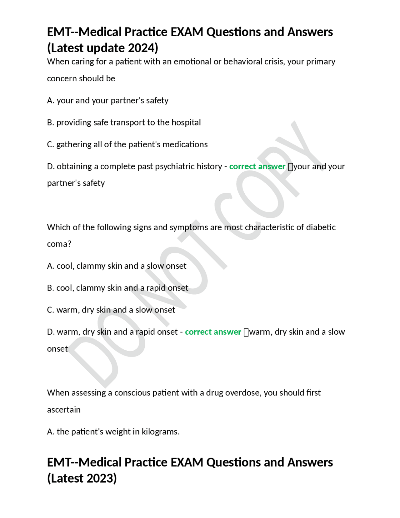 EMT--Medical Practice EXAM Questions and Answers (Latest update 2024 ...