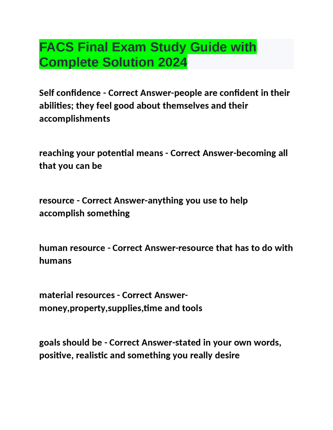 FACS Final Exam Study Guide with Complete Solution 2024 | Exams ...