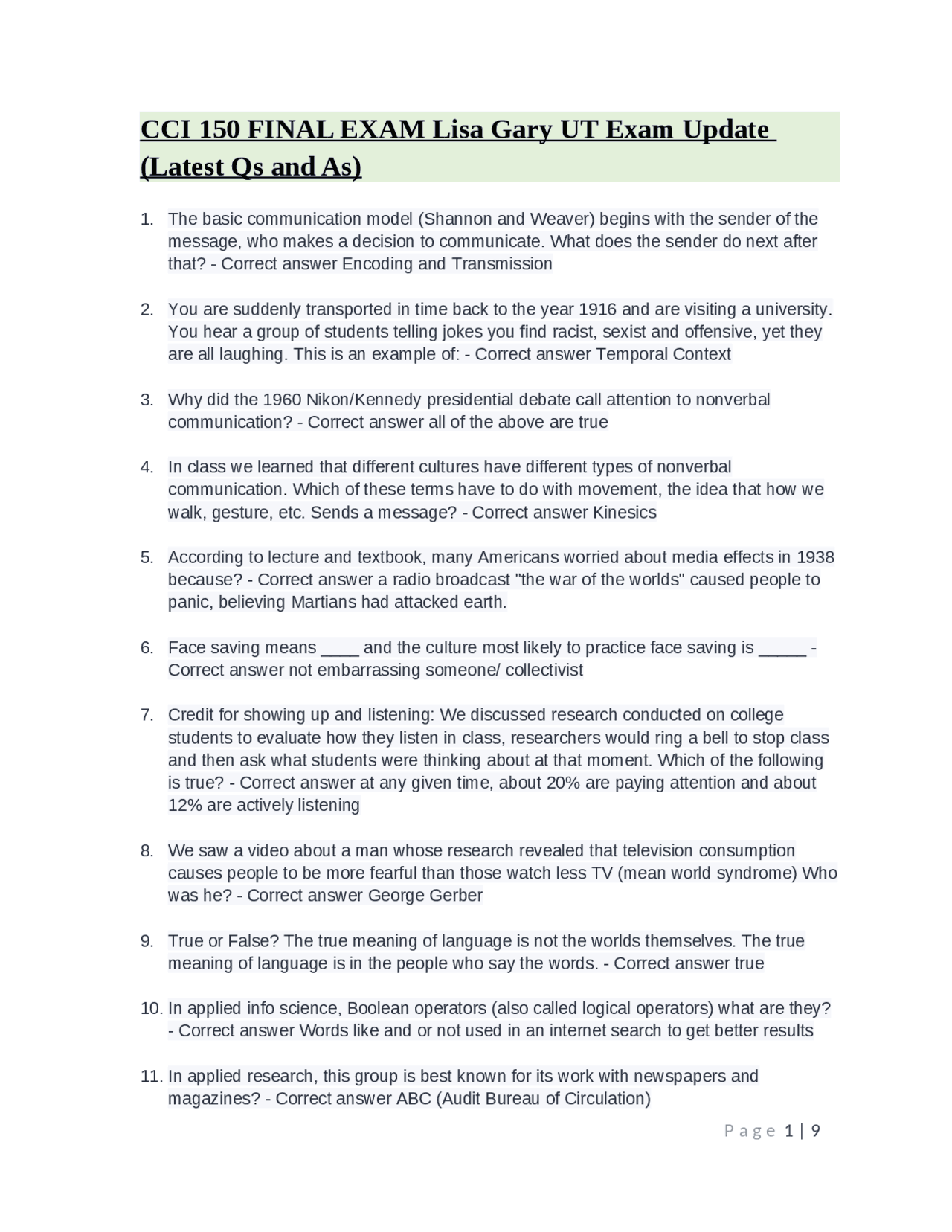 CCI 150 FINAL EXAM Lisa Gary UT Exam Update (Latest Qs and As) | Exams ...