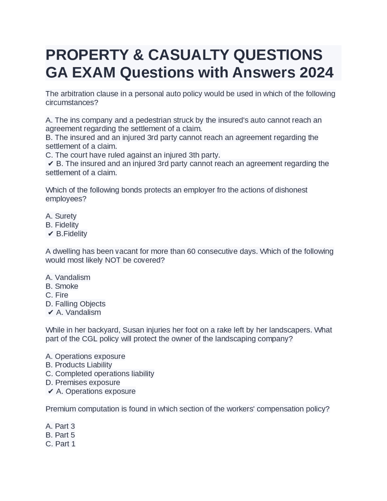 PROPERTY & CASUALTY QUESTIONS GA EXAM Questions with Answers 2024 ...
