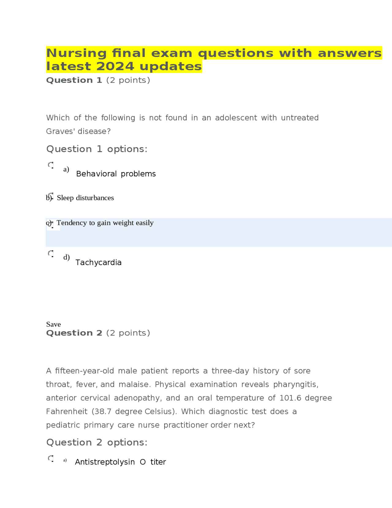Nursing final exam questions with answers latest 2024 updates | Exams ...